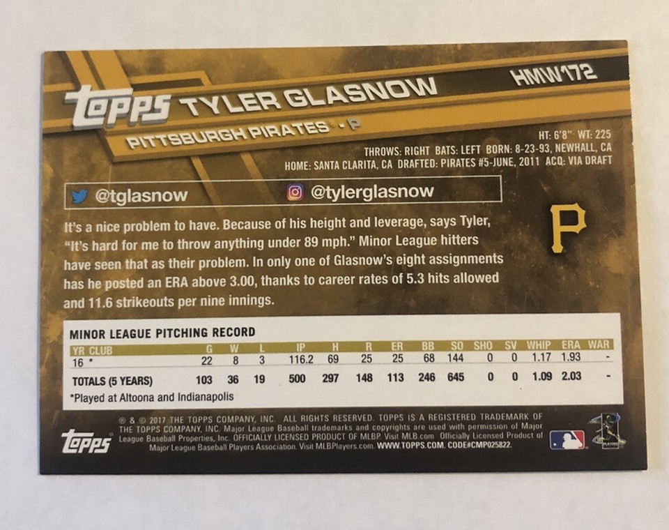 Tyler Glasnow 2017 Topps Walmart Holiday Rookie Card #HMW172 Pirates | eBay