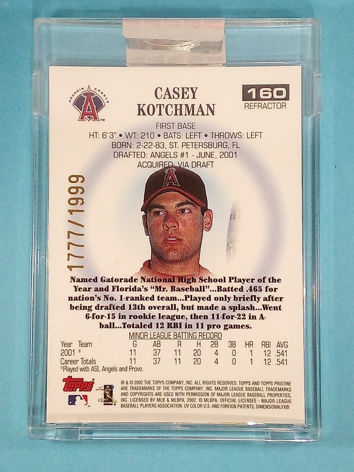 2002 Topps Pristine Encased REFRACTOR RC Casey Kotchman Angels #160 ...