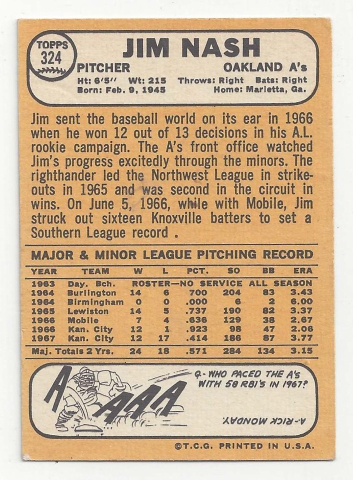 Jim Nash Oakland Athletics 1968 Topps #324 Signed Card | eBay