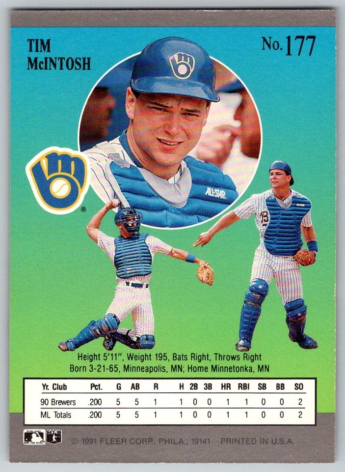 1991 Fleer Ultra Baseball Card Tim McIntosh #177 Milwaukee Brewers | eBay