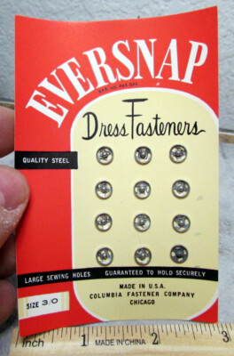 Vintage Eversnap Dress Fasteners unused old stock card of 12, Columbia ...