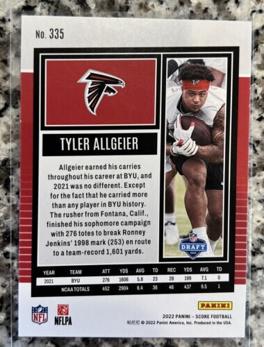 TYLER ALLGEIER RC Panini SCORE Football 2022 NFL Rookie Card#335 ...