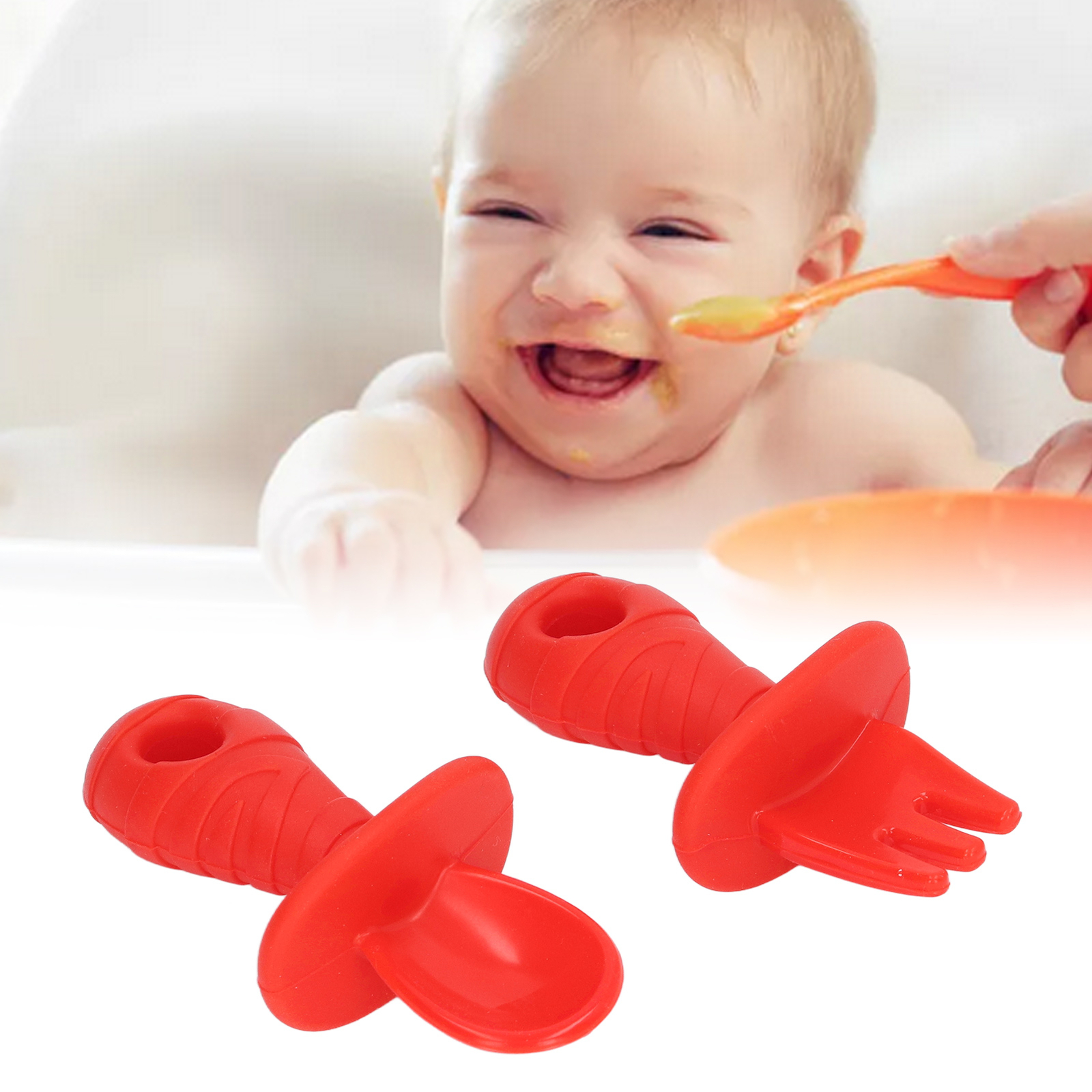 (Red)Silicone Spoon Fork Chewable Self Feeding Silicone Spoon Safety ...