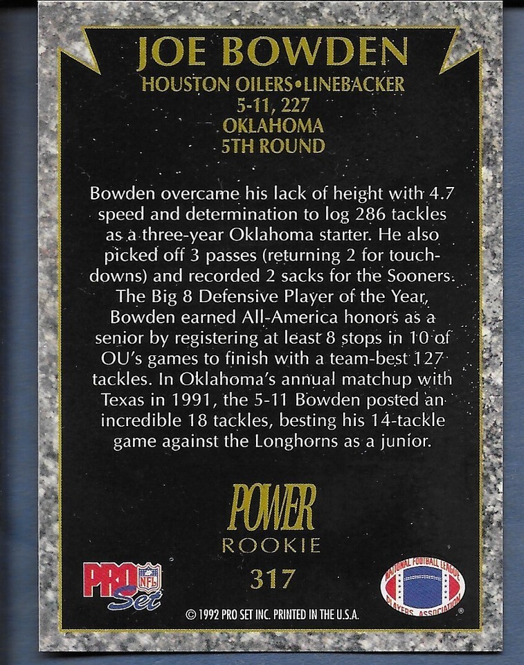 1992 Pro Set Power Joe Bowden #317 Rookie RC OILERS NM | eBay