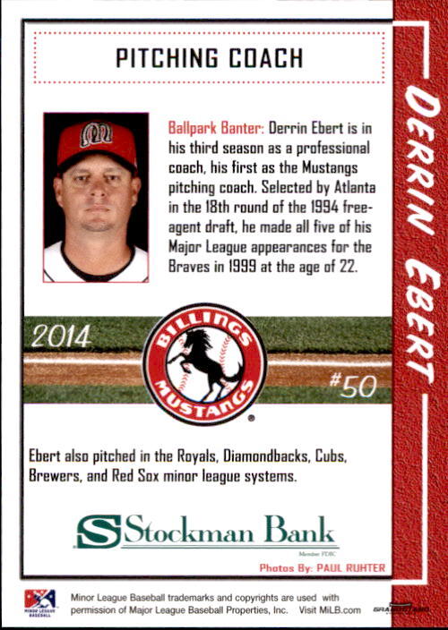 2014 Billings Mustangs Grandstand #10 Derrin Ebert Pitching Coach ...