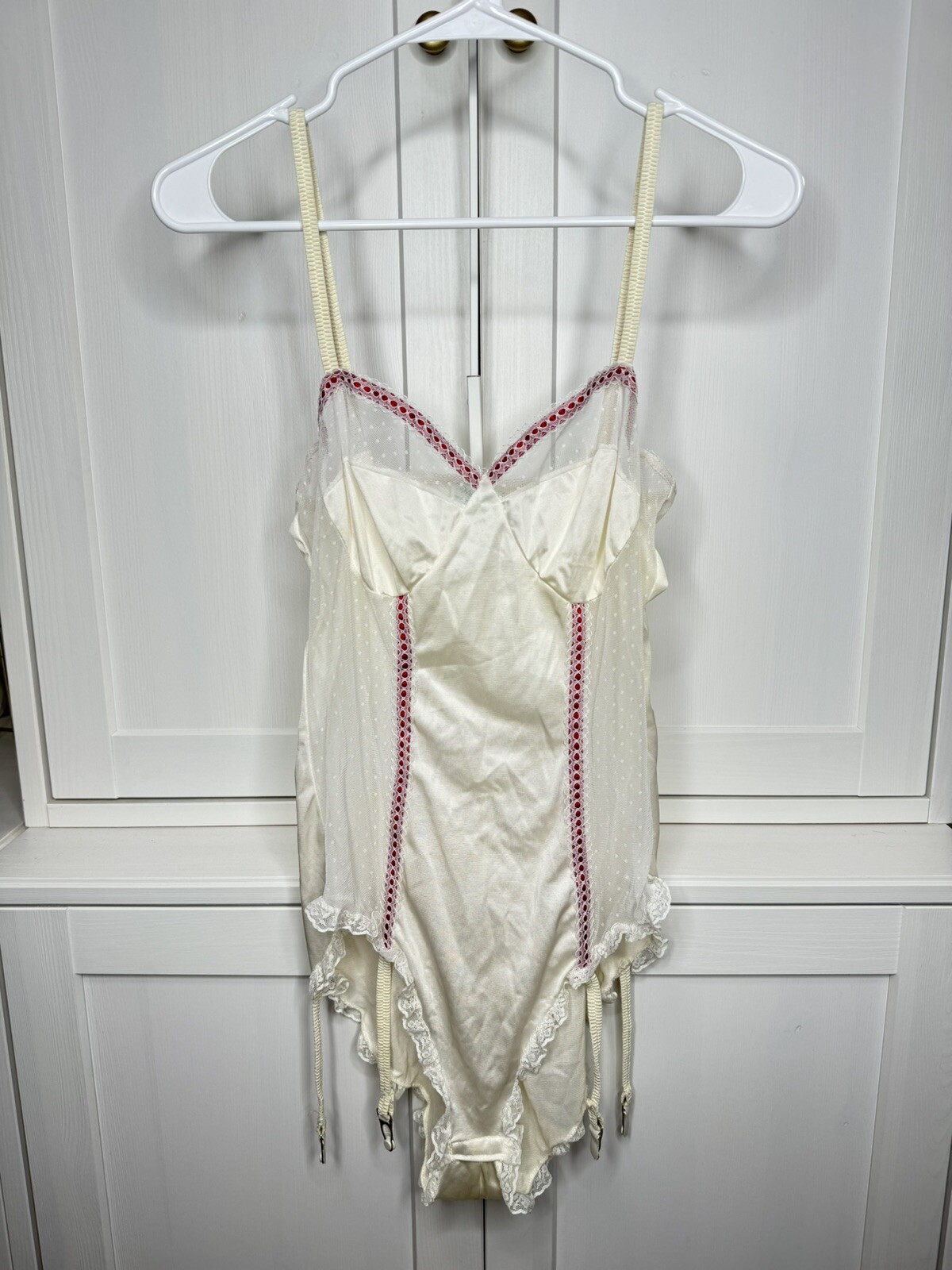 1970s White Bodysuit Negligee W Garters Red Lace Acce… - Gem