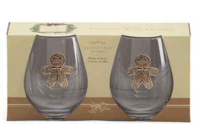 set of 2 christmas rhinestone jeweled holiday gingerbread stemless wine ...