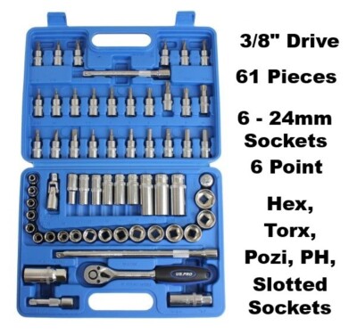 US Pro 61pc 3/8 Drive Socket Set Metric 6-24mm 6 Point Deep Shallow ...