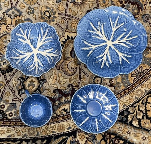 Lot 4 Sapphire Blue Cabbage Bordallo Pinheiro Portugal Bowl 9"Plate Cup ...