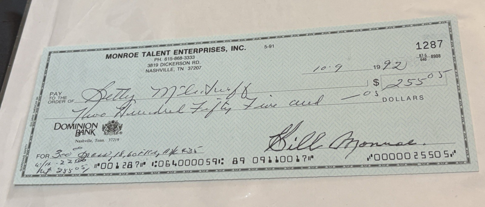 Father of Bluegrass BILL MONROE Signed Autographed Personal Check | eBay