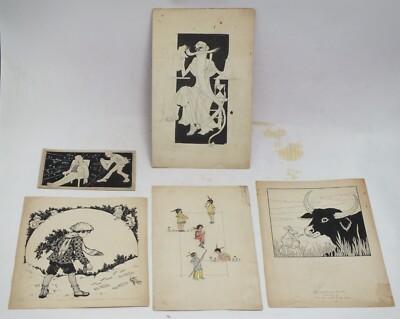 LOT OF 5 ORIGINAL ILLUSTRATIONS BY FEMALE ILLUSTRATOR VIOLET MOORE ...
