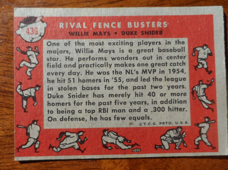 1958 TOPPS BASEBALL #436 RIVAL FENCE BUSTERS MAYS/SNIDER EX-EX/MT A ...