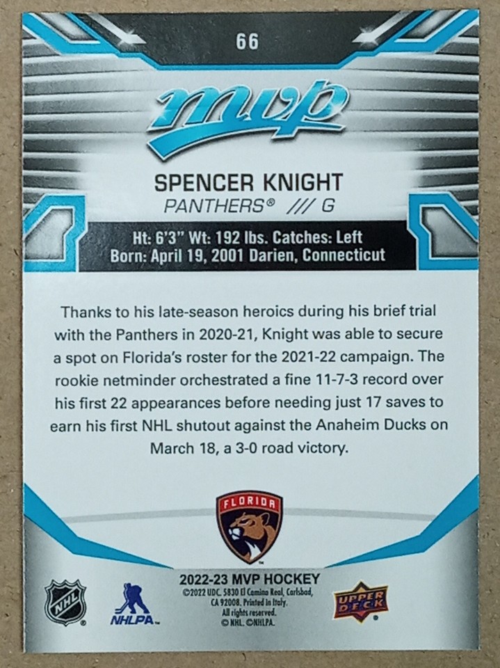 2022-23 Upper Deck MVP Hockey - Base - #66 Spencer Knight | eBay