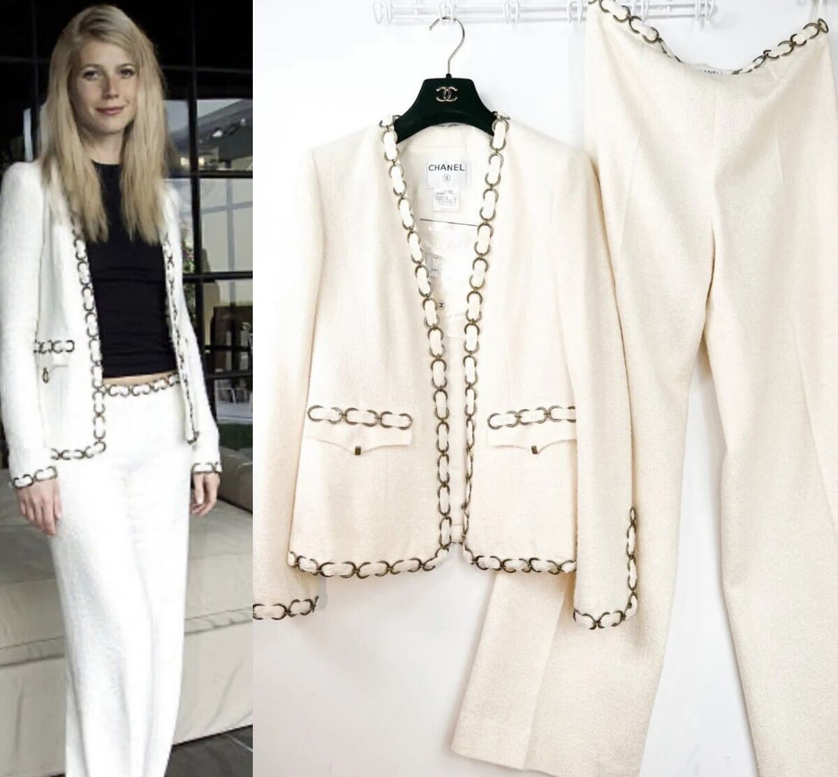 10K Mint Chanel 2002 Vintage Chain White Jacket Pant Suit 10K Mint Chanel 2002 Vintage Chain White Jacket Pant Suit