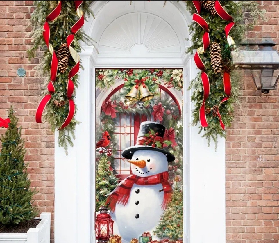 Holiday Christmas Plastic Door Cover 71" x 35" Wall Hanging Snowman ...