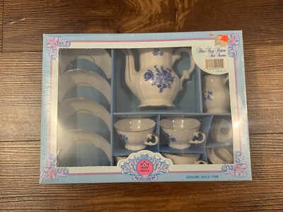 NEW Royal Kahla Fine Porcelain Toy Tea Set 1987 Blue Rose Gen. Gold ...