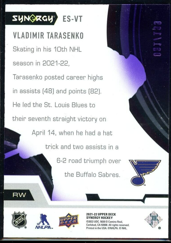 2021-22 Upper Deck Synergy Exceptional Stars Vladimir Tarasenko! /199! #ES-VT! | eBay