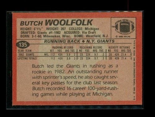 Vintage 1983 TOPPS Football Trading Card #135 BUTCH WOOLFOLK New York ...