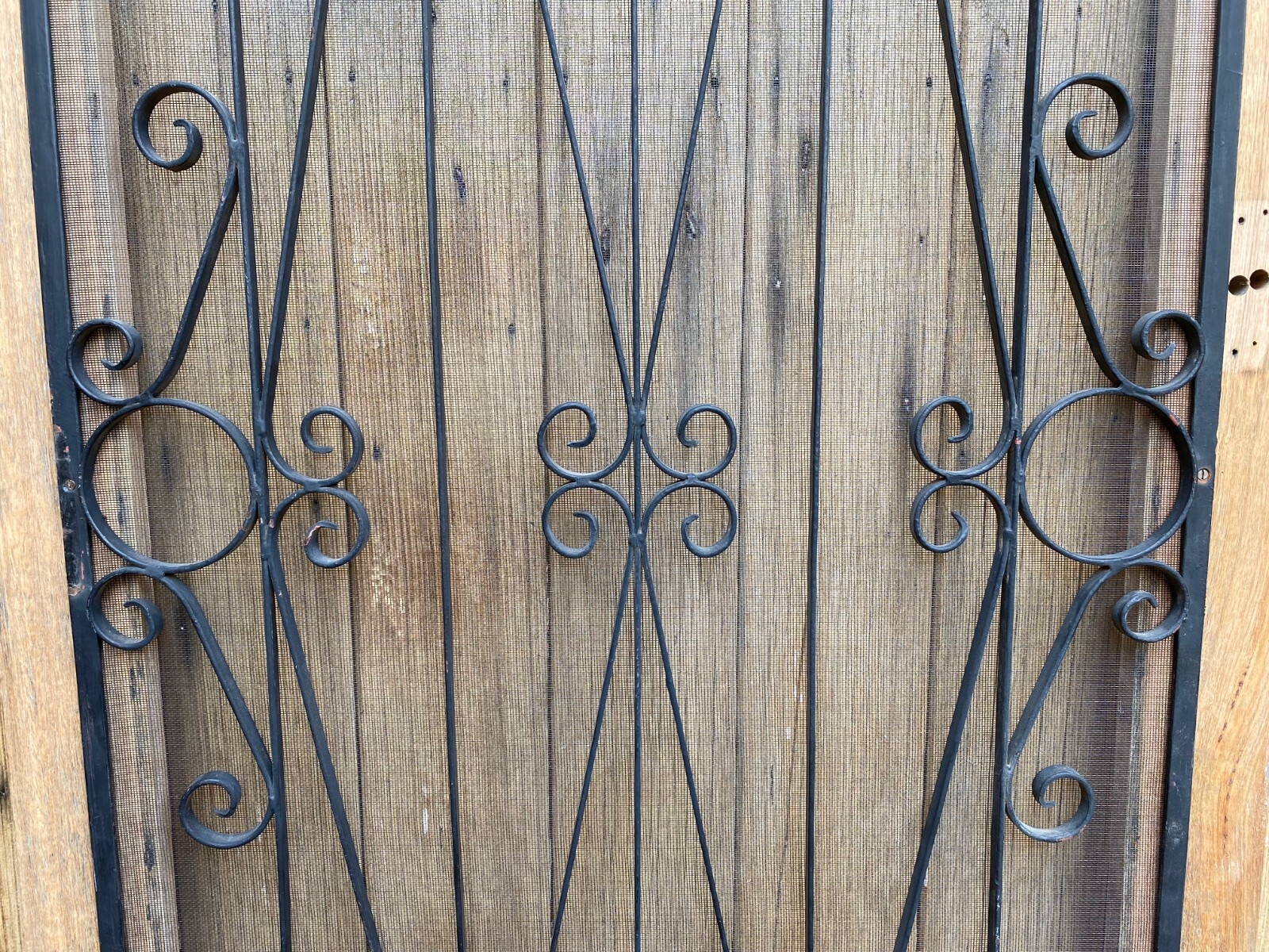 Old Original BLACK WROUGHT IRON HARDWOOD TIMBER SCREEN DOOR flywire fly ...