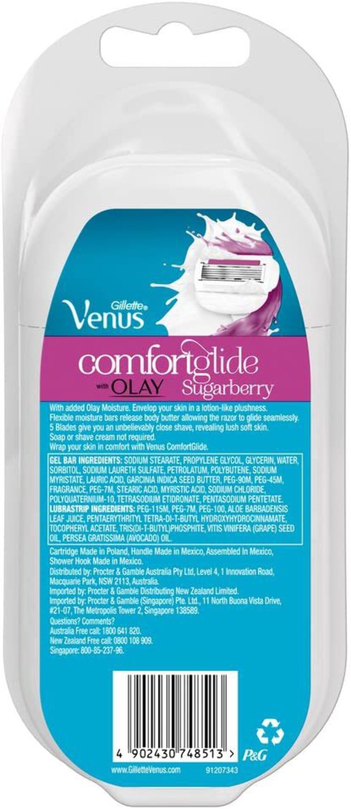 Gillette Venus With Olay Comfortglide Sugarberry 5 Blade Razor + 2 ...