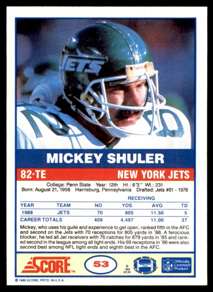 1989 Score Mickey Shuler . New York Jets #53 | eBay
