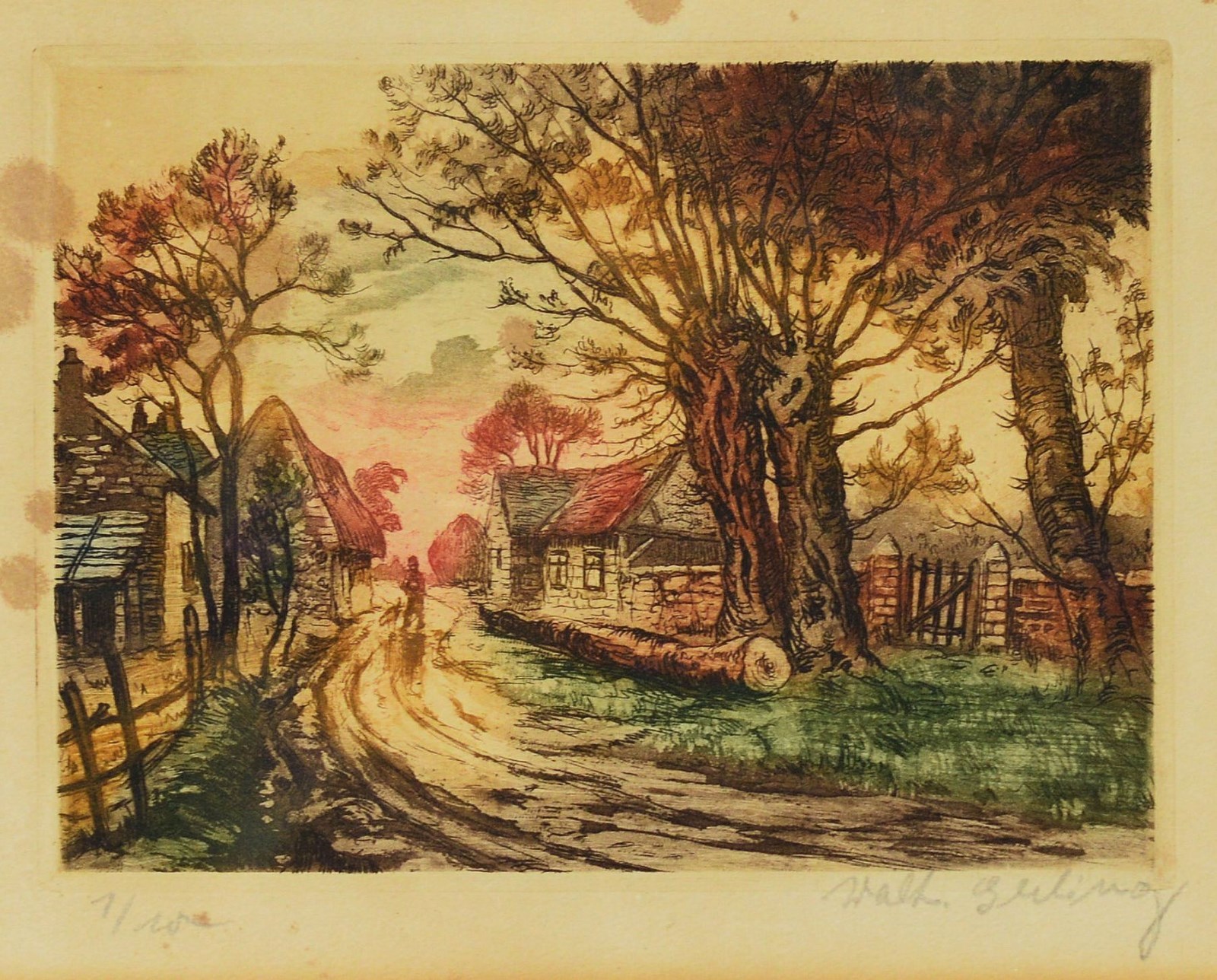 Orig. Radierung koloriert signiert um 1920 Landschaft Dorf Idyll 38 x ...