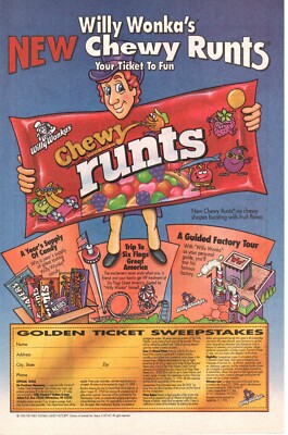 1994 WILLY WONKA'S CHEWY RUNTS Golden Ticket Sweepstakes Food Candy ...