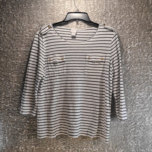 Chico's Linen Knit Top White Black Striped Size 2, Large 3/4 Sleeve ...