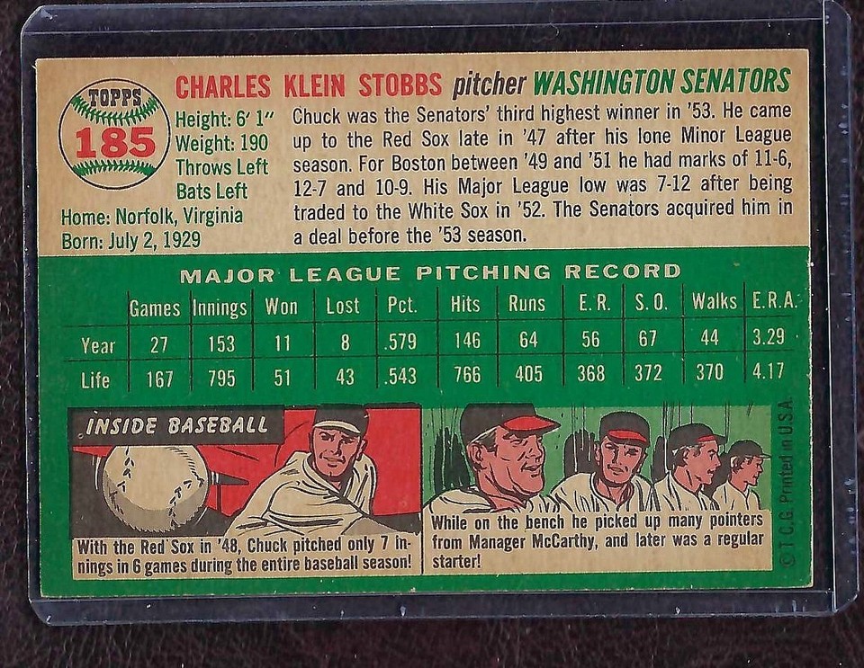 1954 Topps Baseball Card #185 Chuck Stobbs, Washington Senators, NM ...
