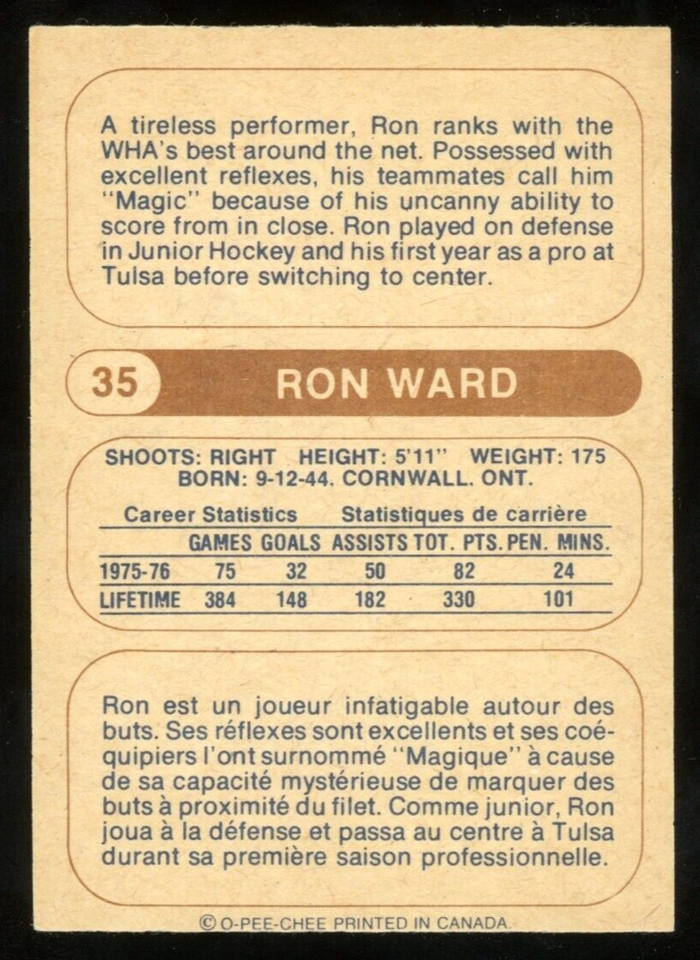 1976-77 OPC O PEE CHEE HOCKEY WHA #35 RON WARD NM MINNESOTA FIGHTING ...