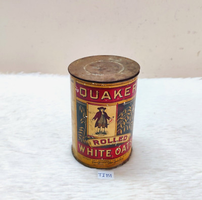 1930s Vintage Rolled White Retro Quaker Oats Advertising Tin Box Round ...