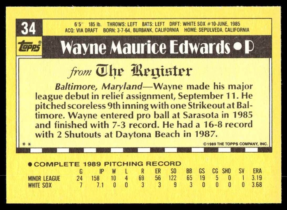 1990 Topps Major League Debut 1989 Wayne Edwards Chicago White Sox #34 ...