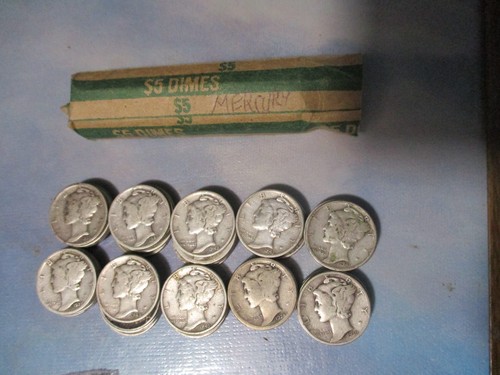 Roll of 50 Silver Mercury Dimes $5 Face Value 90% Silver Coins Mixed ...