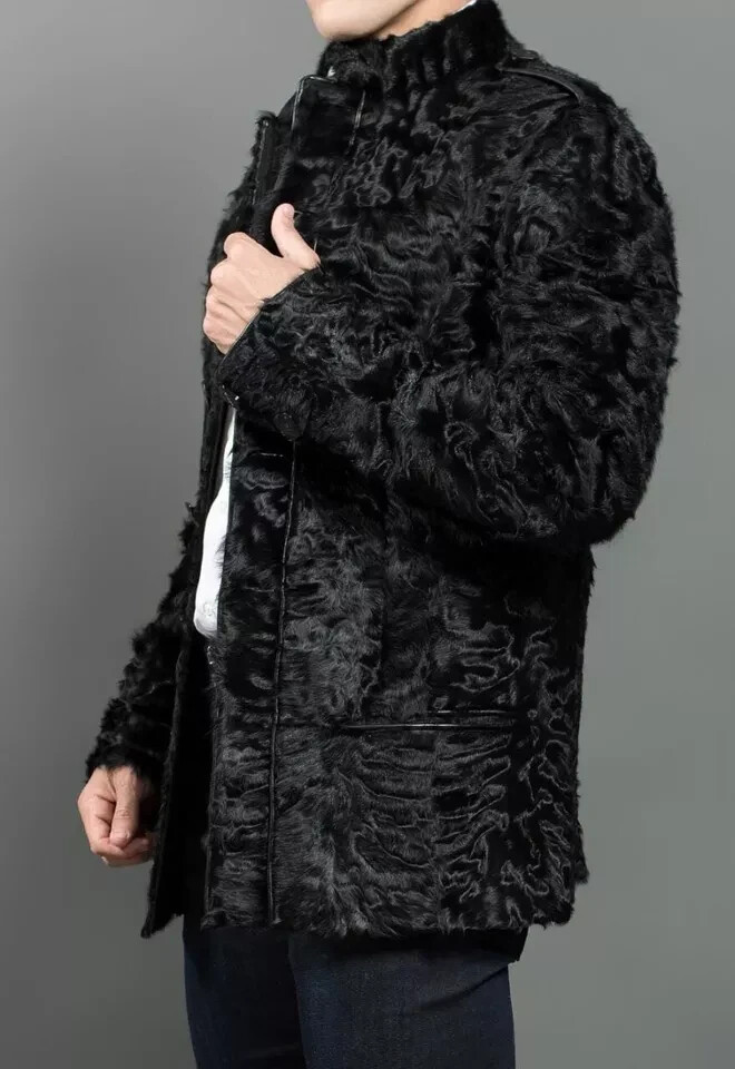 Men's Real Astrakhan Fur Jacket Black Real Karakul Persian Lamb Fur ...