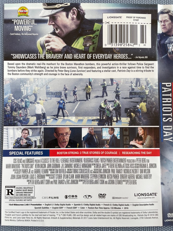 Patriots Day (DVD 2016 Lionsgate) Mark Wahlberg, Kevin Bacon, John ...