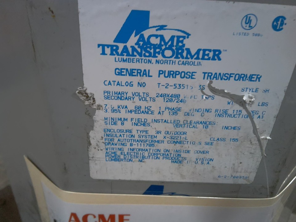 ACME 7.5 kVA T-2-53515-3S PRI:240/480 V, SEC:120/240, TRANSFORMER #402 ...