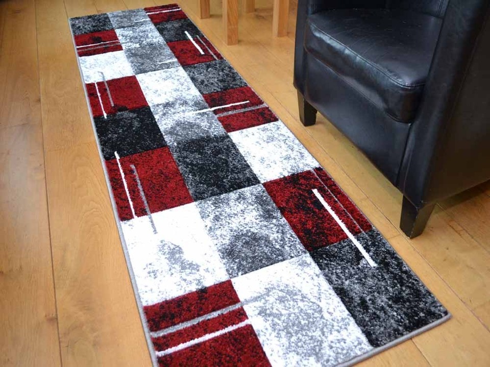 Modern Designer Squares Thick Soft Red Light Grey Silver Floor Mats ...