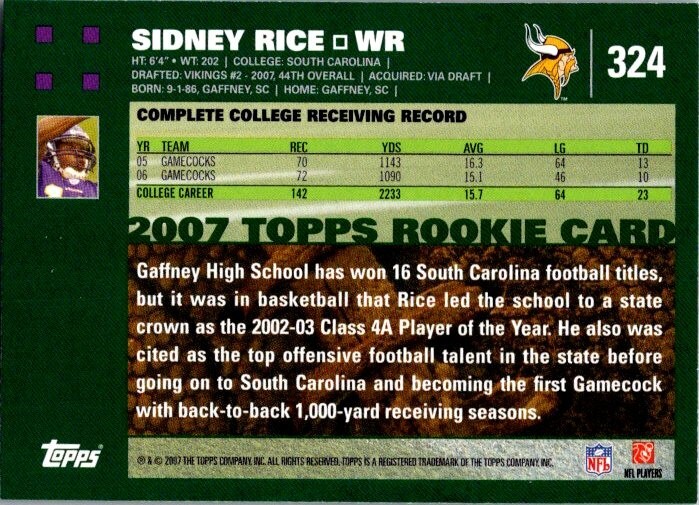 2007 Topps Sidney Rice #324 Rookie RC Minnesota Vikings South Carolina ...