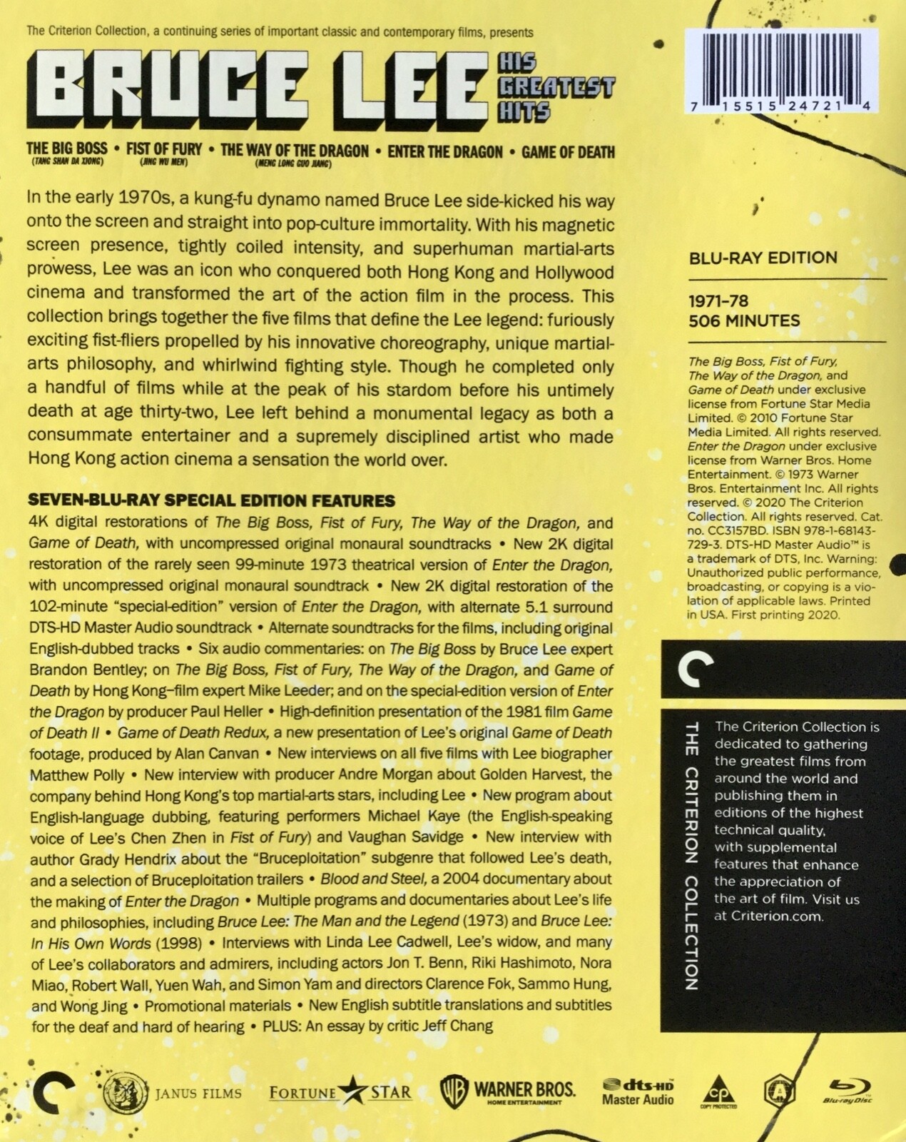 BRUCE LEE: HIS GREATEST HITS CRITERION COLLECTION DIGIPACK BLU-RAY ...
