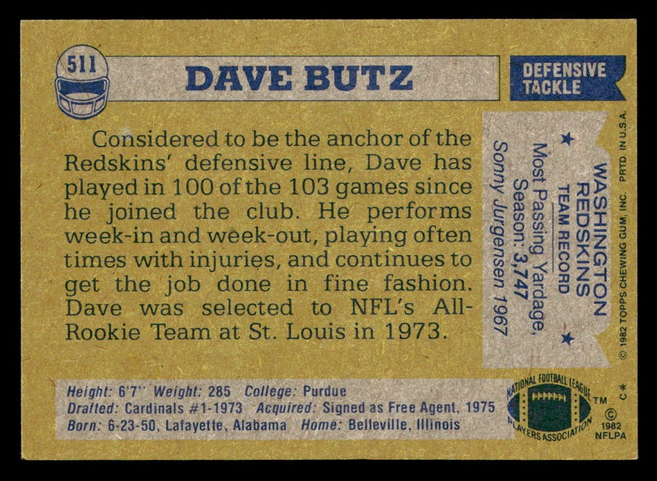 Dave Butz 1982 Topps Card #511 Washington Redskins | eBay