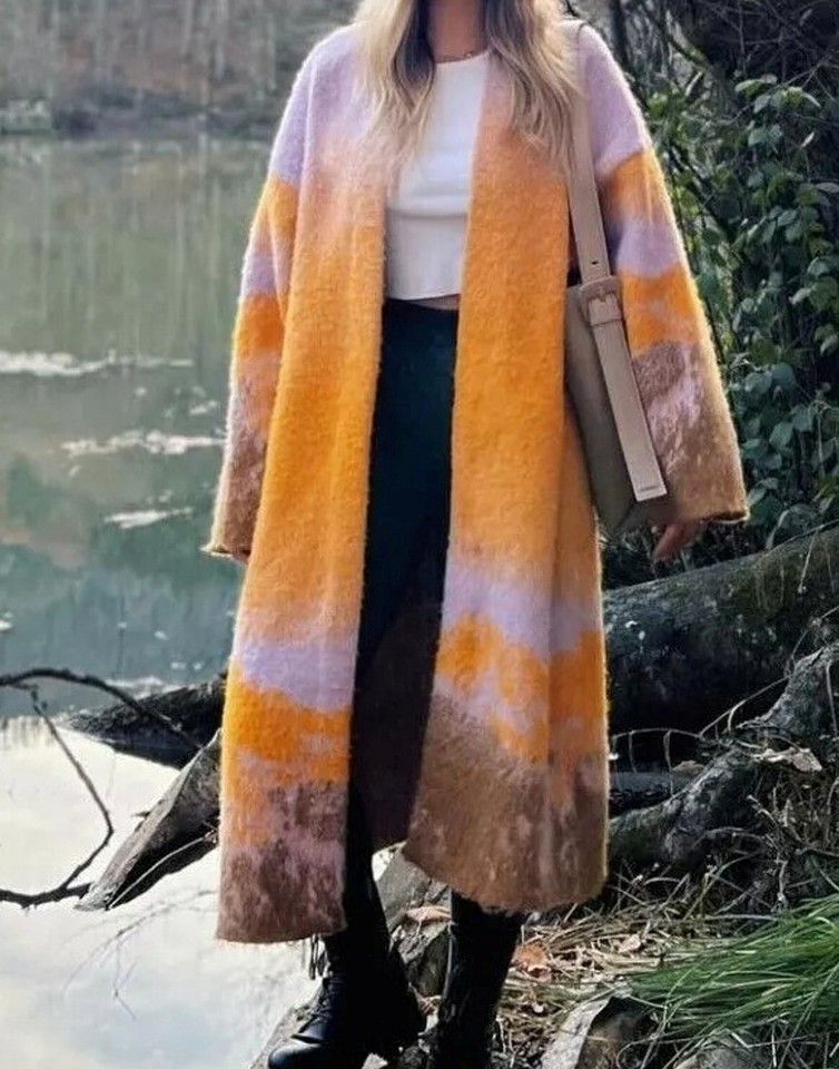 ZARA YELLOW SUNSET CHUNKY LANA WOOL KNIT OPEN LONG DUSTER CARDIGAN ...