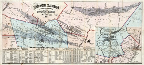 1878 Map Anthracite Coal Fields Pennsylvania Mining Home School 7"x16 ...