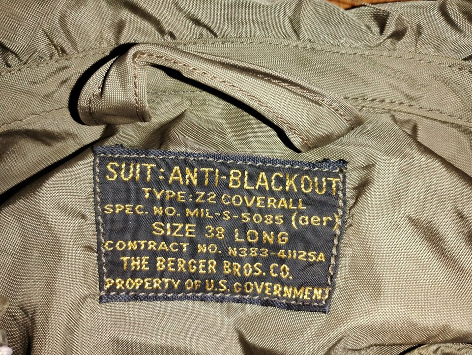 Vintage Anti-Blackout Type Z-2 Coverall Flight Suit Berger Bros. Co. | eBay