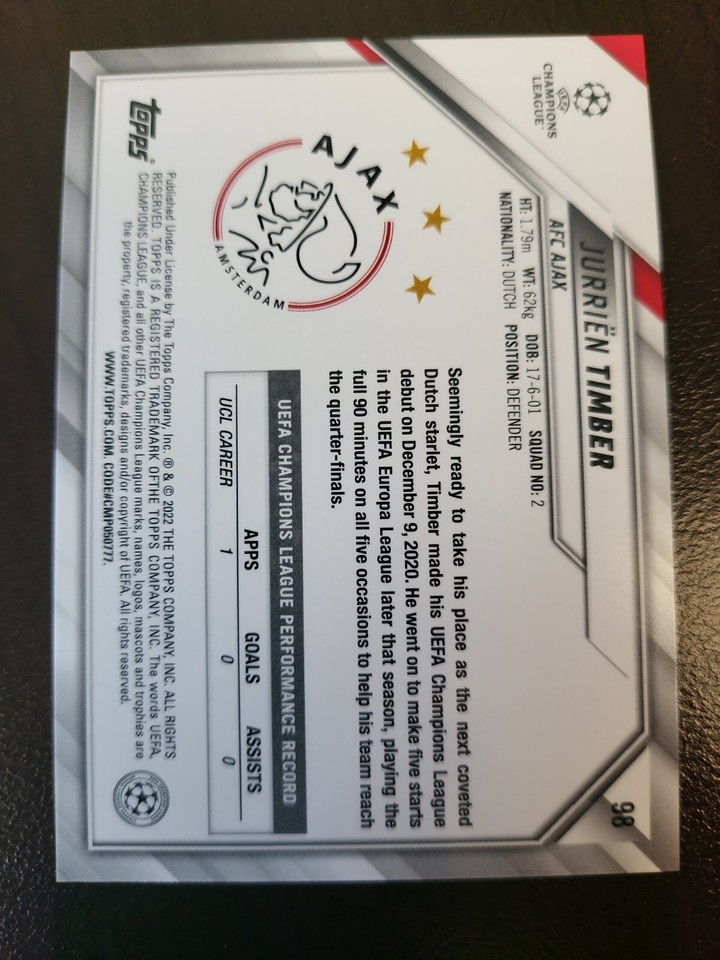 2022 Topps Champions League Jurrien Timber card #98 | eBay