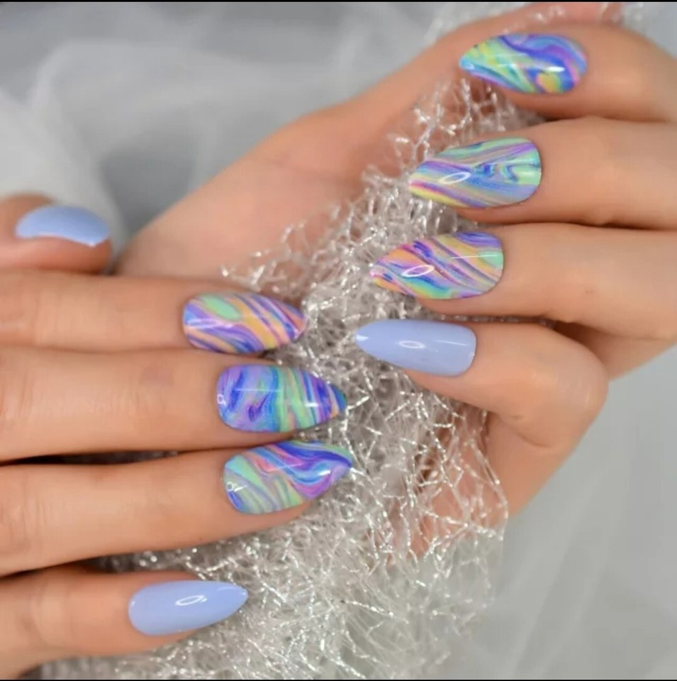 24 Periwinkle Purple Press On Nails Artsy Swirl pointed almond stiletto ...