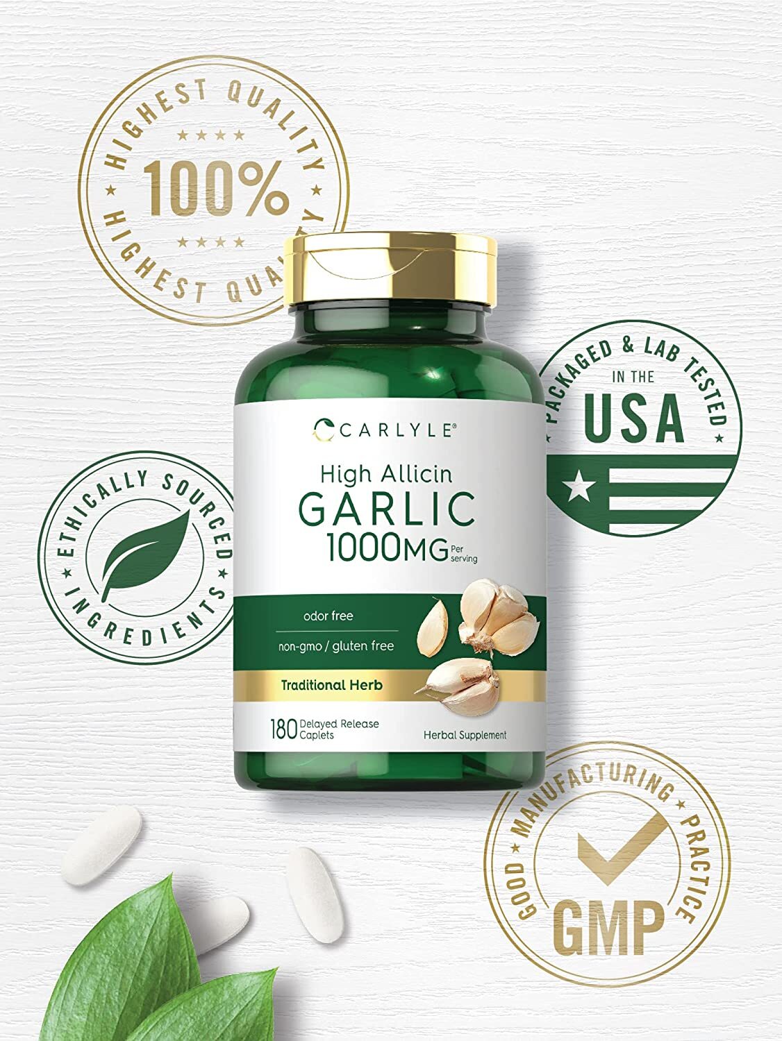 Garlic Supplement | High Allicin 1000mg | 180 Caplets | Odorless | by ...