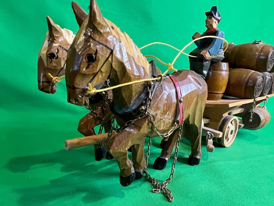 Hand Carved German Beer Cart w 2 horse Team & Wagoneer, HB on Barrels ...