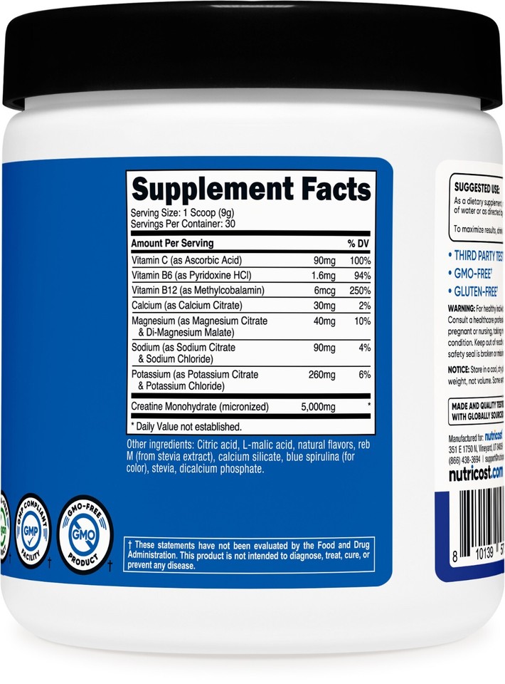 Nutricost Creatine Monohydrate + Hydration Blue Raspberry Flavored, 30 ...