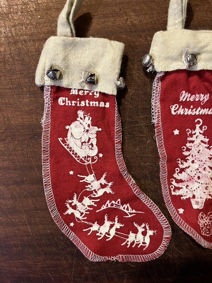 3 Vintage Style Red Felt Merry Christmas stockings Jingle Bells Santa ...