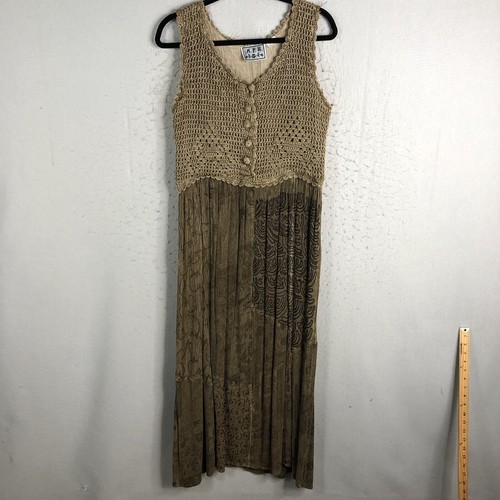 VTG MPH Maxi Dress Womens M Brown Crochet Embroidered Hippie Boho ...